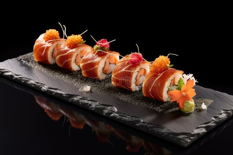 Sushi Roll Sliced on Black Slate Plate Stock Photo - Image of food ...