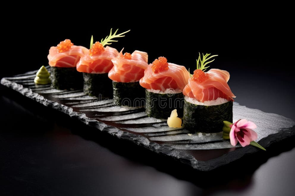 Sushi Roll Sliced on Black Slate Plate Stock Image - Image of nori ...
