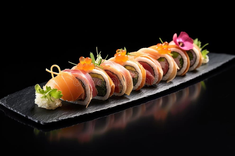 Sushi Roll Sliced on Black Slate Plate Stock Photo - Image of generated ...