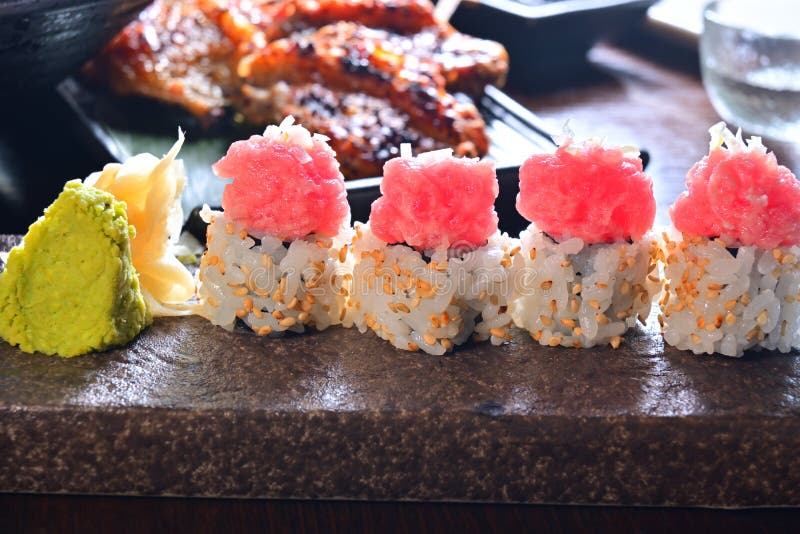 Sushi roll tuna platter stock photo. Image of seafood - 255070982