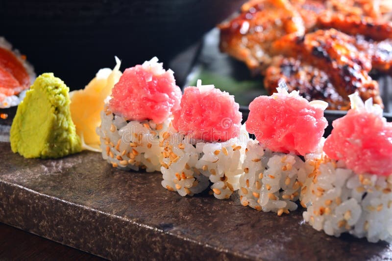 Sushi roll tuna platter stock image. Image of cuisine - 255071219