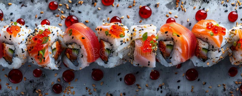 Sushi Rolls on Abstract Painted Backdrop with Sesame Seeds and Dynamic ...