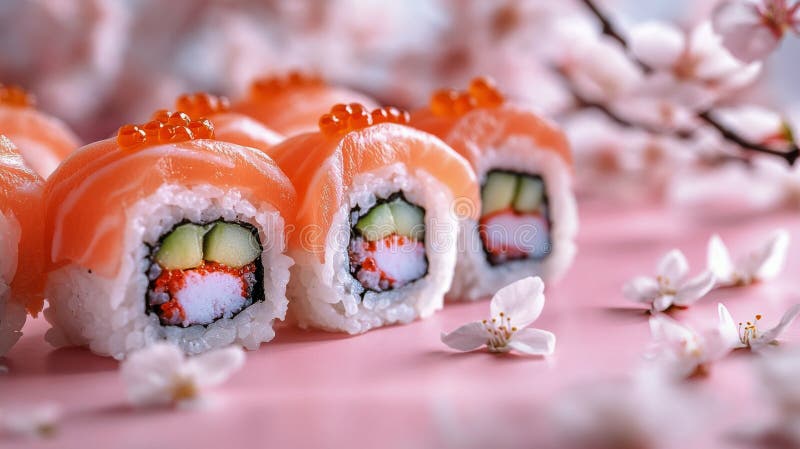 Colorful Sushi Rolls Presented with Cherry Blossoms Against a Pink ...