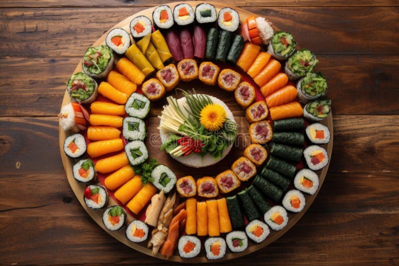 Sushi Rolls Arranged in a Circle on a Wooden Platter Stock Image ...