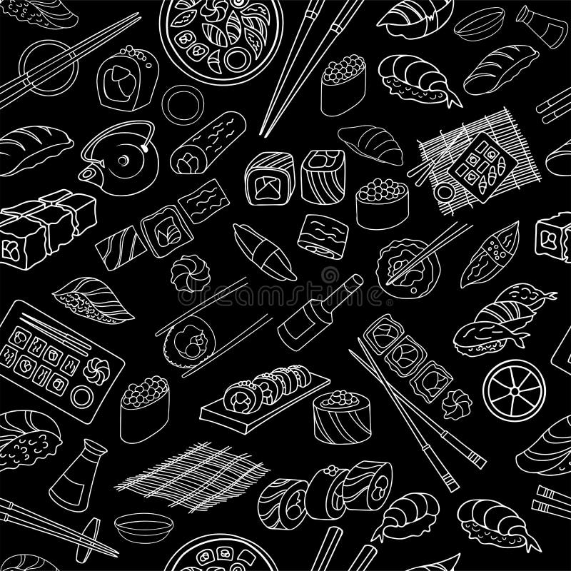 Sushi Rolls Asian Food Vector on Black Background Seamless Texture ...