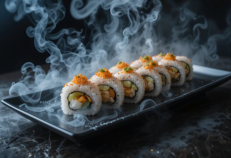 Sushi Rolls on a Black Ceramic Plate with Smoke or Steam Effect for a ...