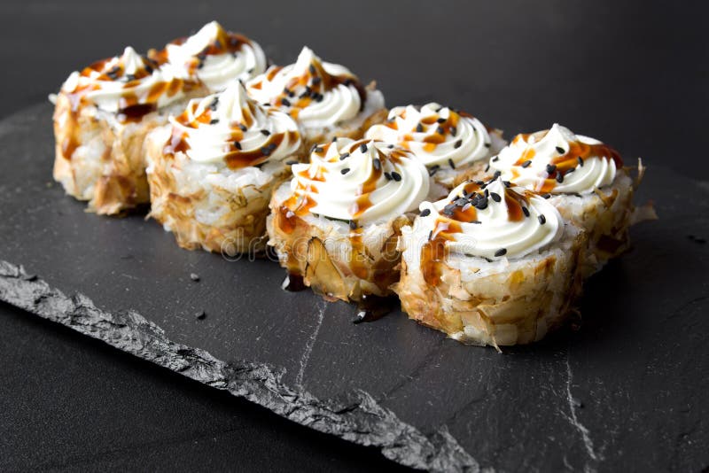 Sushi Rolls Bonito and Topped with Cream Cheese Stock Image - Image of ...