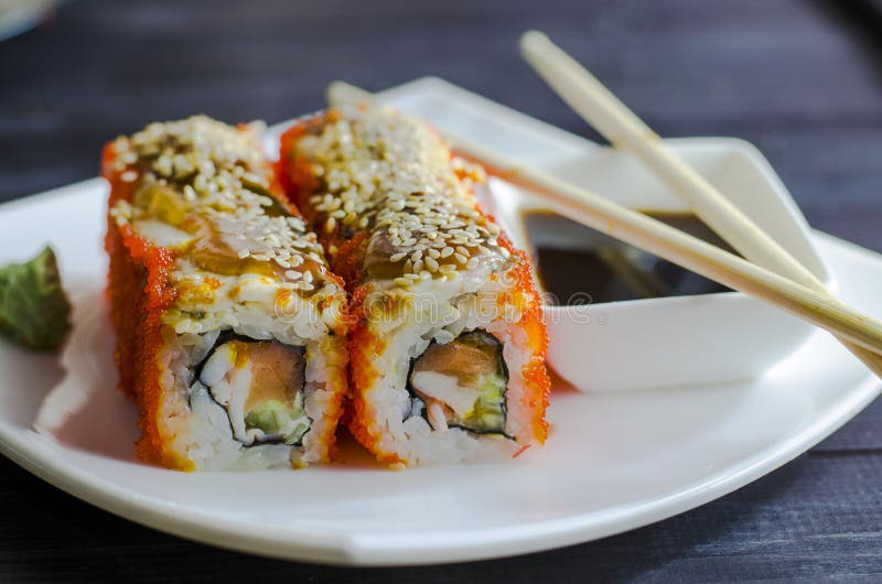 Sushi rolls with eel stock image. Image of east, eggs - 108845439