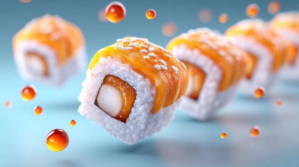 Sushi Rolls Fly with Drops of Soy Sauce Stock Photo - Image of dripping ...