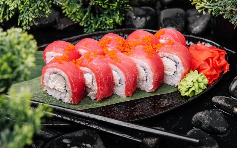 Sushi Rolls of Red Tuna on Black Stone Stock Photo - Image of sushi ...
