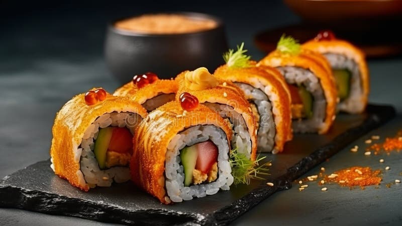 Sushi Rolls with Rice and Fish Soy Sauce. Generative AI Stock ...
