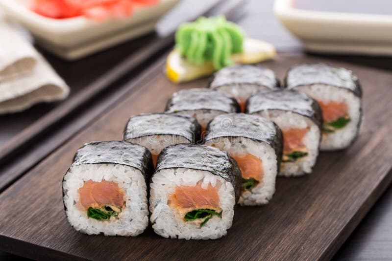 Sushi Rolls with Salmon and Scallion Stock Photo - Image of rice ...