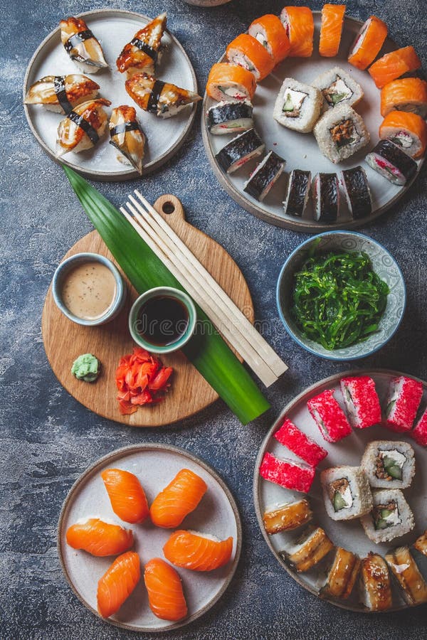 Sushi and Rolls Sets. Japonese Food Stock Photo - Image of menu, maki ...