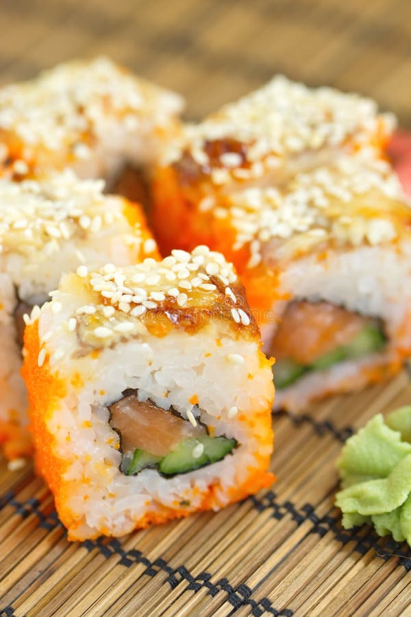 Sushi rolls on the table stock photo. Image of oriental - 64815174
