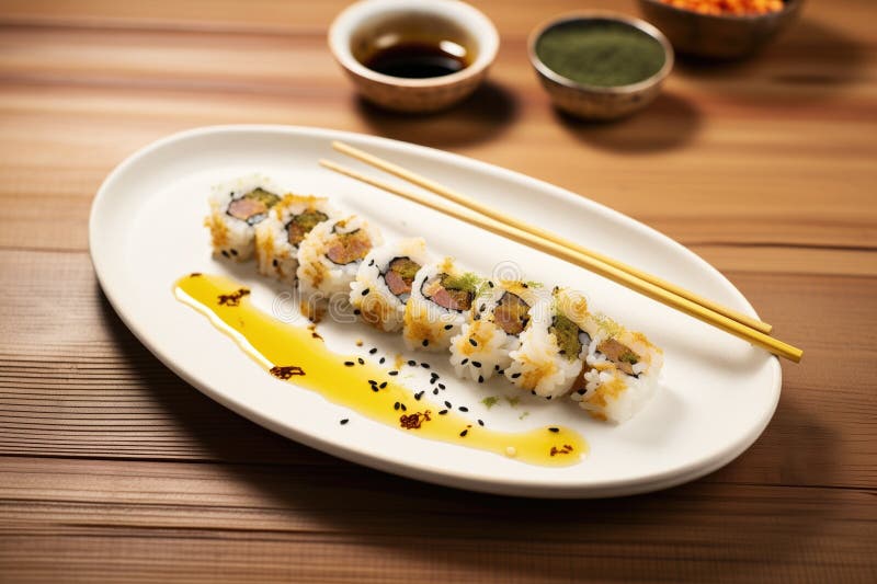 Sushi Rolls with Tempura Flakes and Eel Sauce on Rectangular Plate ...