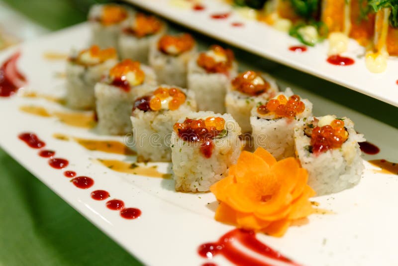 Sushi Rolls Topping with Ikura Stock Image - Image of gourmet, rice ...