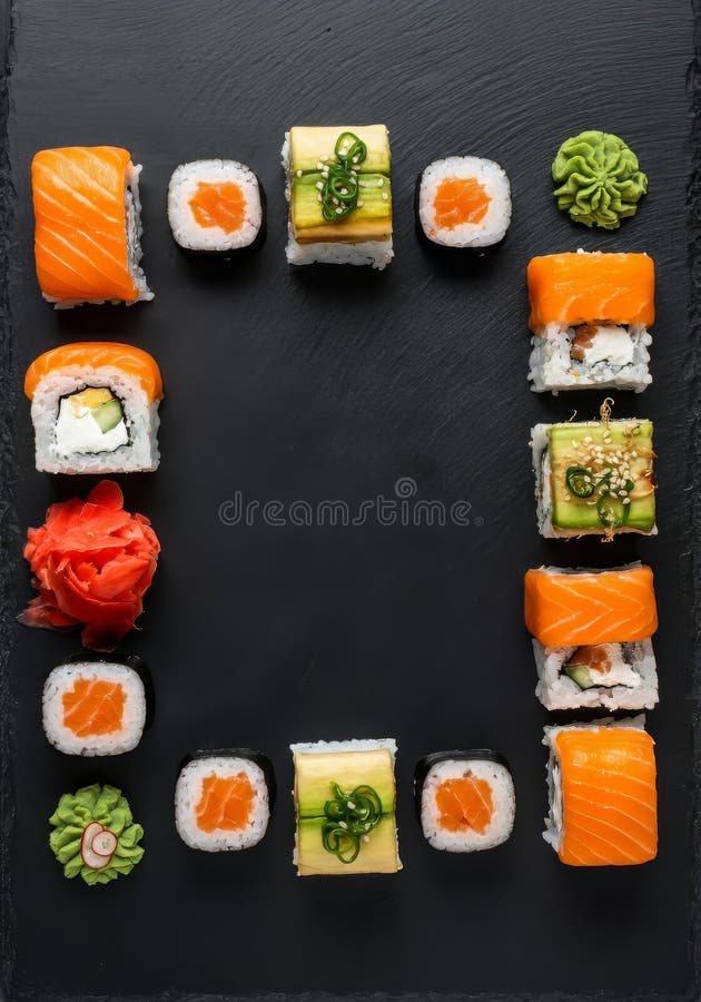 Sushi Rolls of Various Types and Colors Create a Vibrant Frame Around a ...