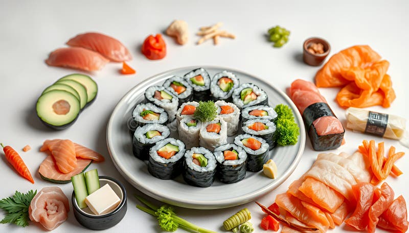 Sushi and Sashimi Platter Displayed on White Surface with Avocado ...