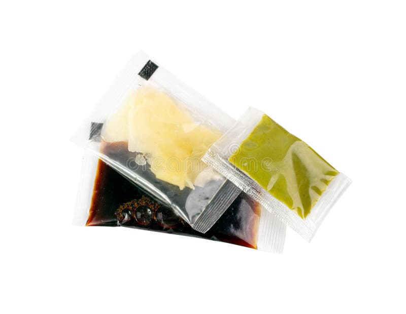 Sushi Sauces Set Isolated With Wasabi Sauce Pickled Ginger Soy Souse Teriyaki In Square