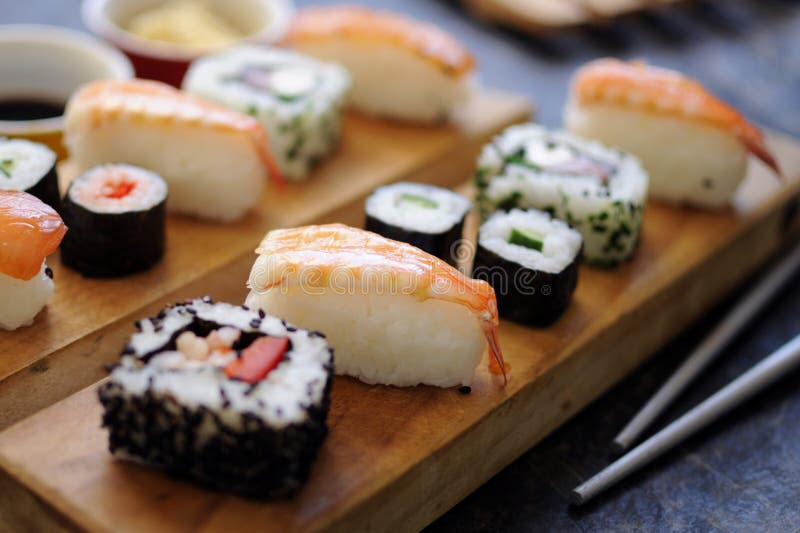 Sushi selection stock photo. Image of diet, prawns, salmon - 70903360