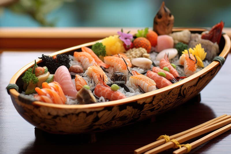 Sushi Served on a Traditional Japanese Boat Dish Stock Illustration ...