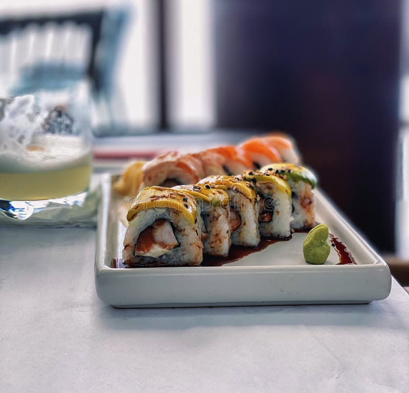 Sushi Served on White Square Plate Stock Photo - Image of expensive ...