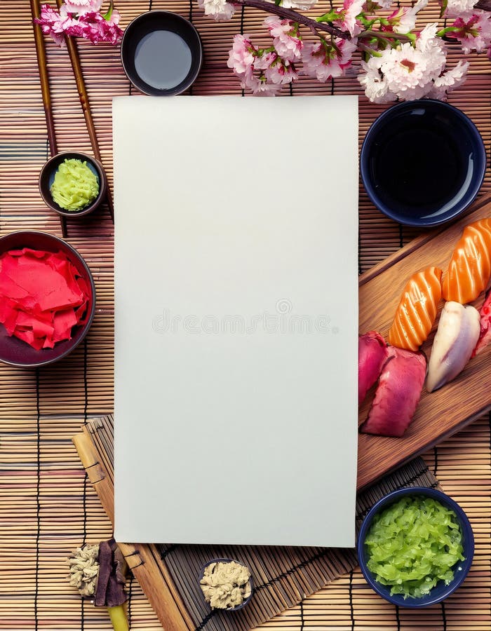 Sushi Menu Template Set Lying on White Paper with Soy Sauce and Wasabi ...