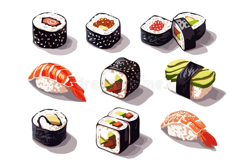 Sushi Set Grid Isolated Vector Style Stock Vector - Illustration of ...
