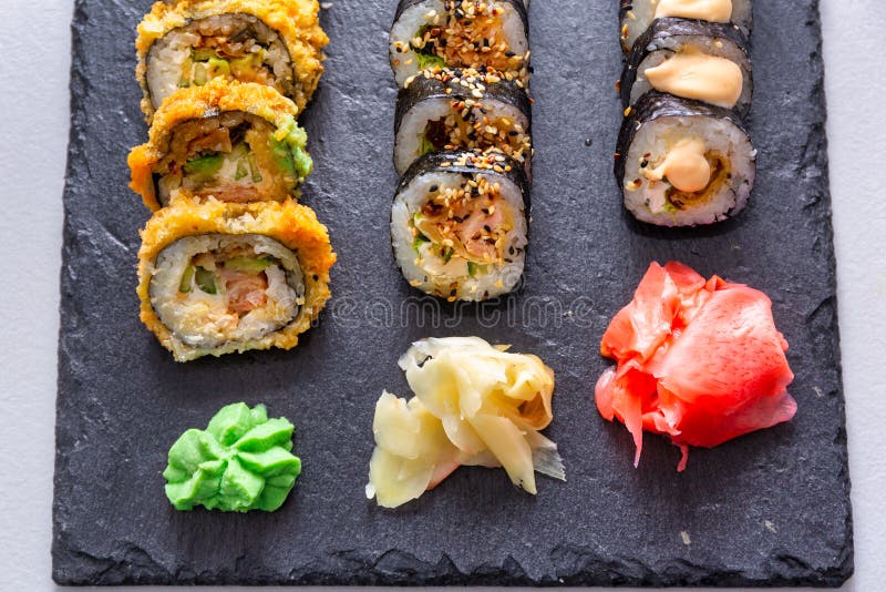 Sushi Set Grilled in Tempura on the Stone Plate Stock Image - Image of ...