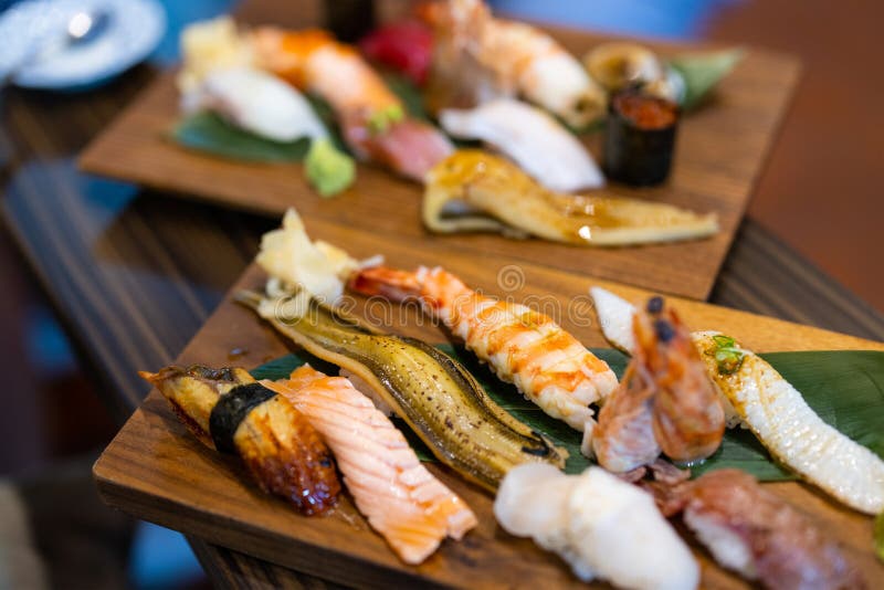 Sushi in Japanese Restaurant Stock Image - Image of menu, octopus ...