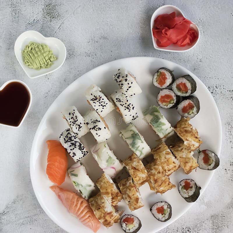 Sushi Set on a Large White Oval Plate. Stock Photo - Image of roll ...