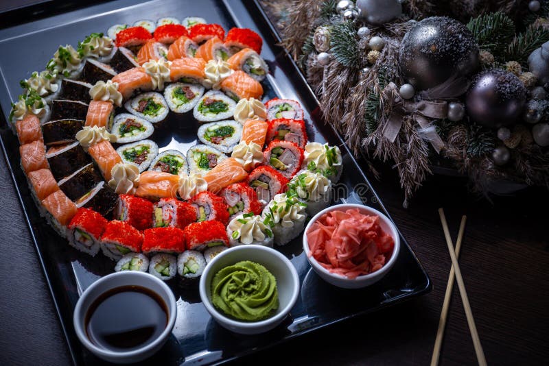 Sushi Set with Many Pieces and Various Maki Stock Photo - Image of ...