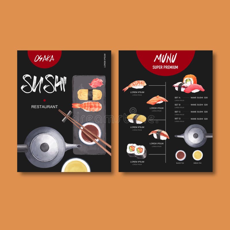 Sushi Set Menu for Restaurant. Design Template with Watercolour Graphic ...