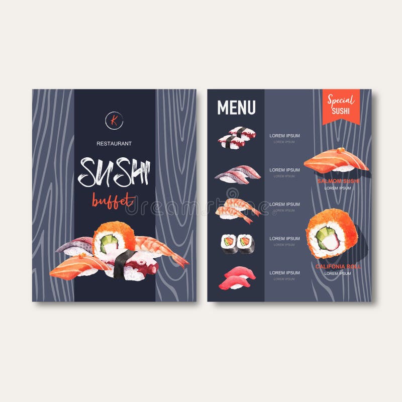 Sushi Set Menu for Restaurant. Design Template with Watercolour Graphic ...