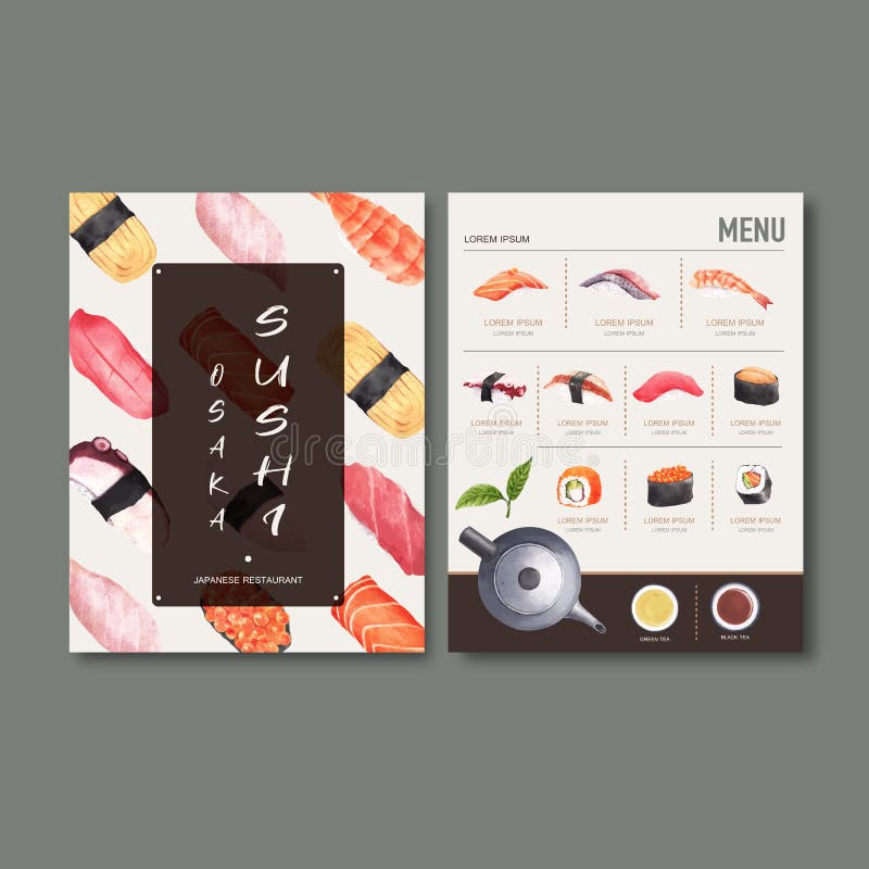 Sushi Set Menu for Restaurant. Design Template with Watercolour Graphic ...
