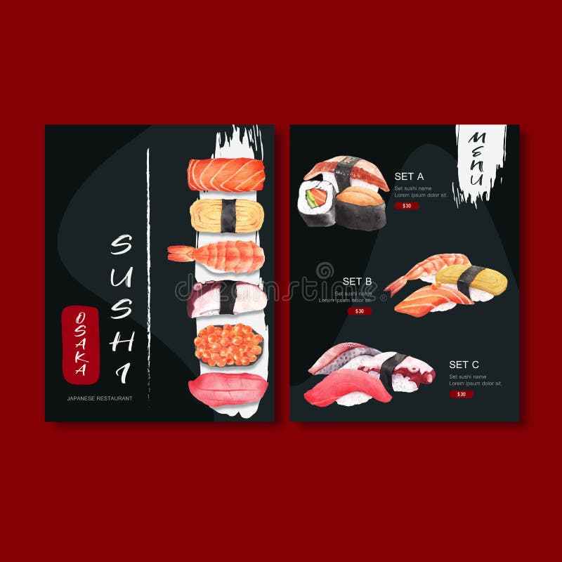 Sushi Set Menu for Restaurant. Design Template with Watercolour Graphic ...