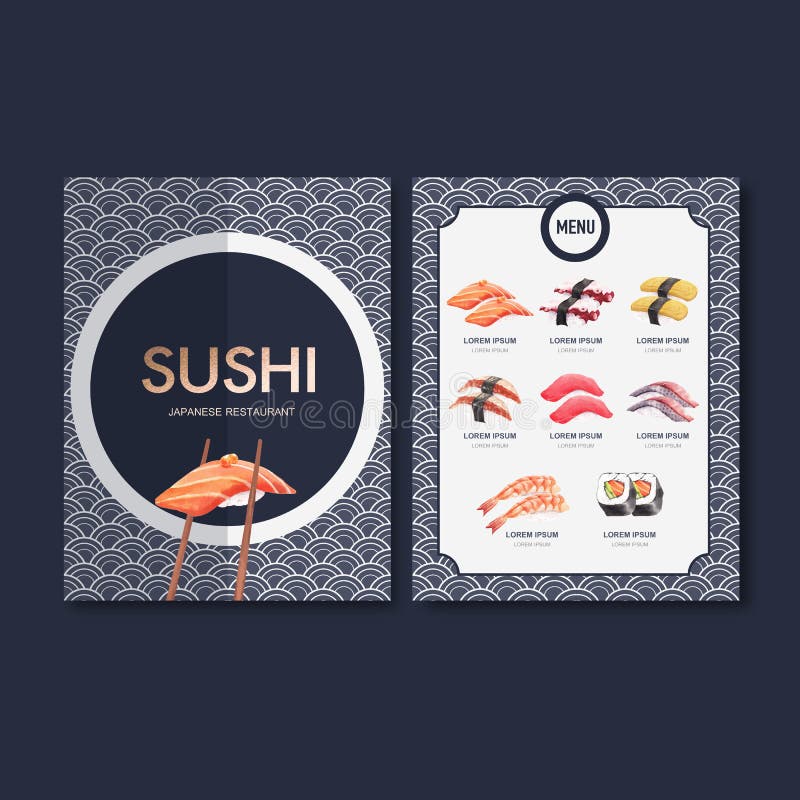 Sushi Set Menu for Restaurant. Design Template with Watercolour Graphic ...