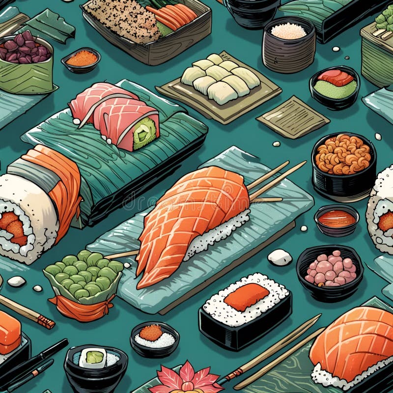 Sushi Set on Table in 90 S Comics Style Stock Illustration ...