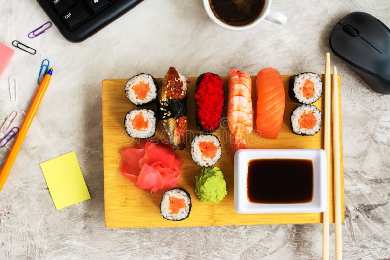Sushi Set on Working Place. Business Lunch Concept Stock Photo - Image ...