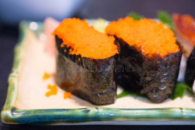 Sushi with Shrimp Roe or Flying Fish Roe Stock Photo - Image of ...