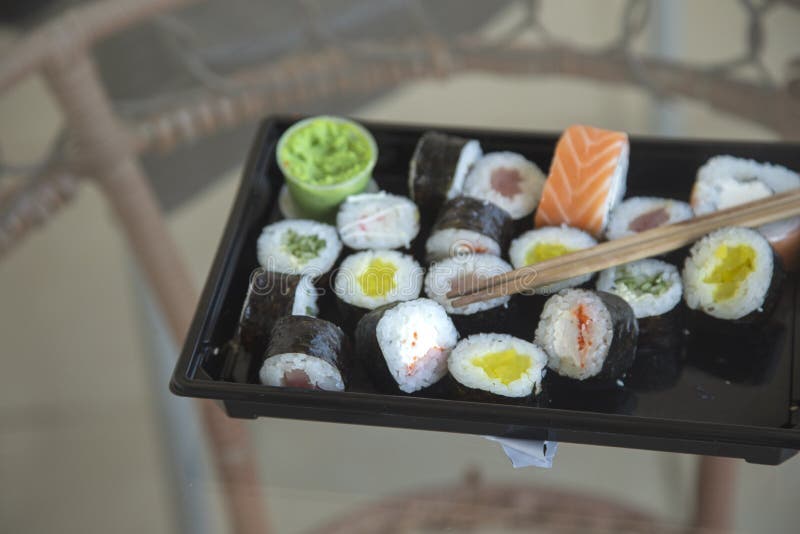 Sushi with Sticks on the Table Stock Image - Image of snowflake, sushi ...