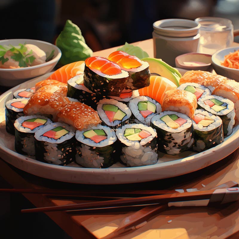 Sushi on the Table Close Up, Protrait Stock Illustration - Illustration ...