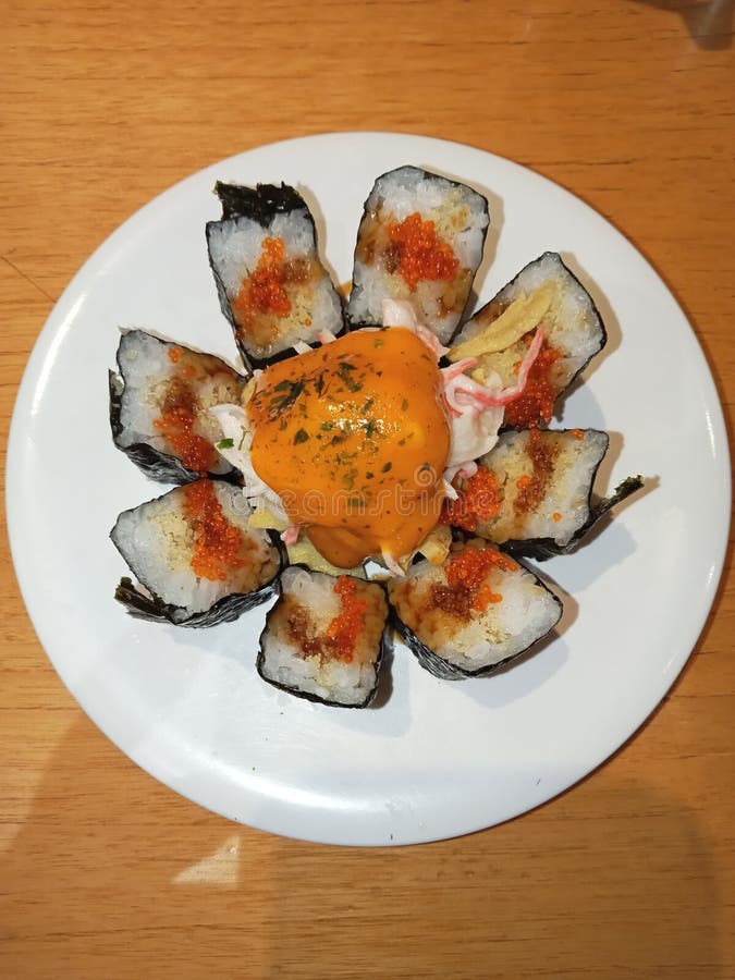 Sushi Topped Burnt Shrimp Tartare. Maki Sushi with Shrimp and Spicy ...