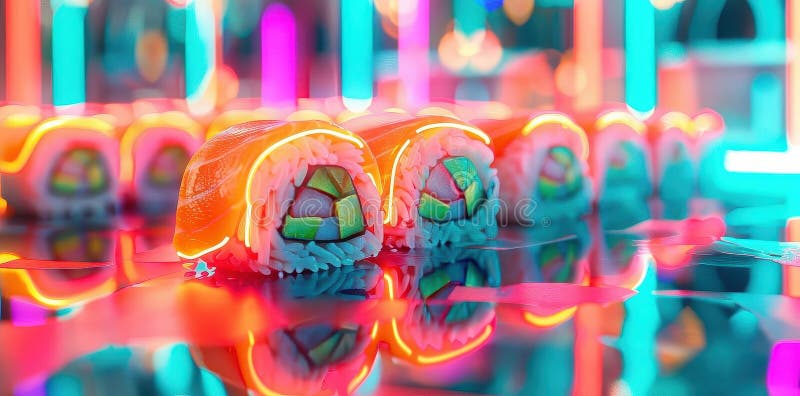 Sushi Under Neon Lights stock illustration. Illustration of colorful ...