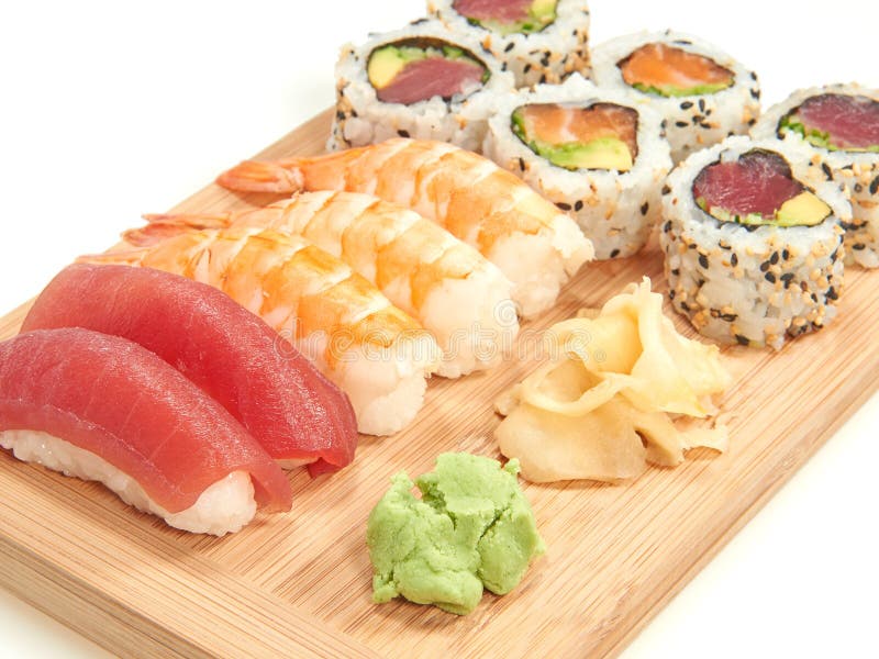 Sushi on a wooden plate stock image. Image of wasabi - 45913093