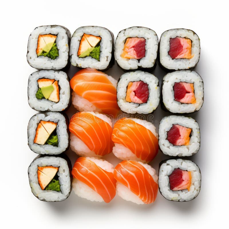 Colorful Sushi Arrangement on White Background - Top View Stock ...