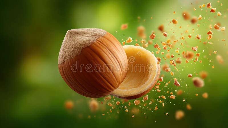 Suspended in Air on Light Green Backdrop, Partially Opened Hazelnut ...