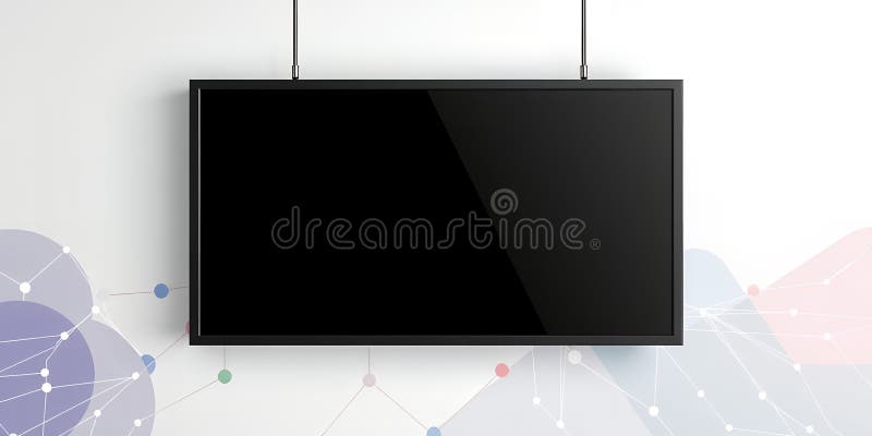 A Suspended Black Screen Display Against a White Wall with Abstract ...
