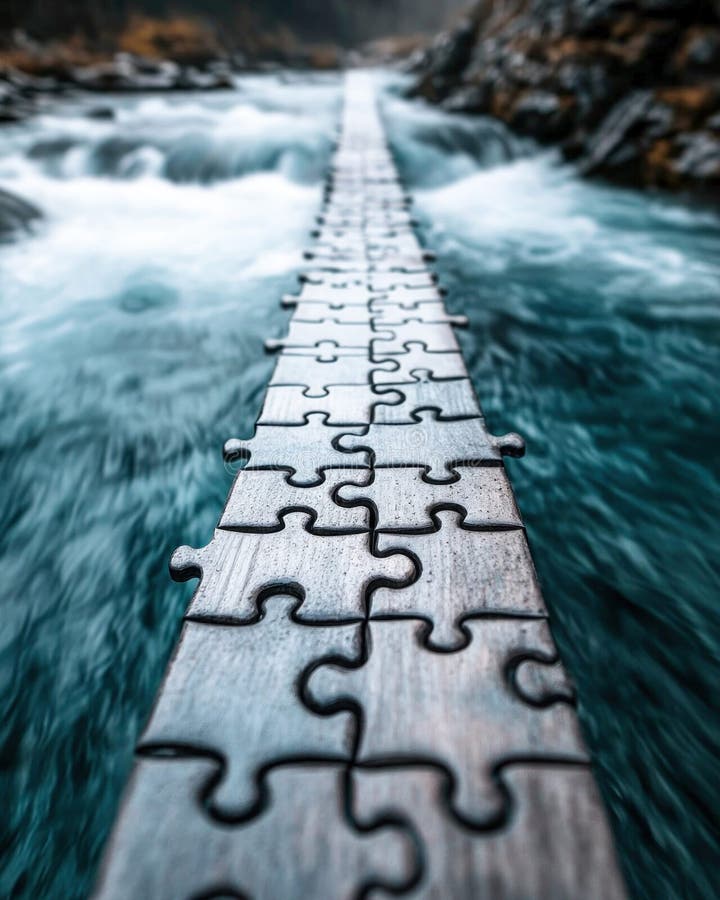 Suspended Bridge Made of Interlocking Puzzle Pieces Over Sparkling ...