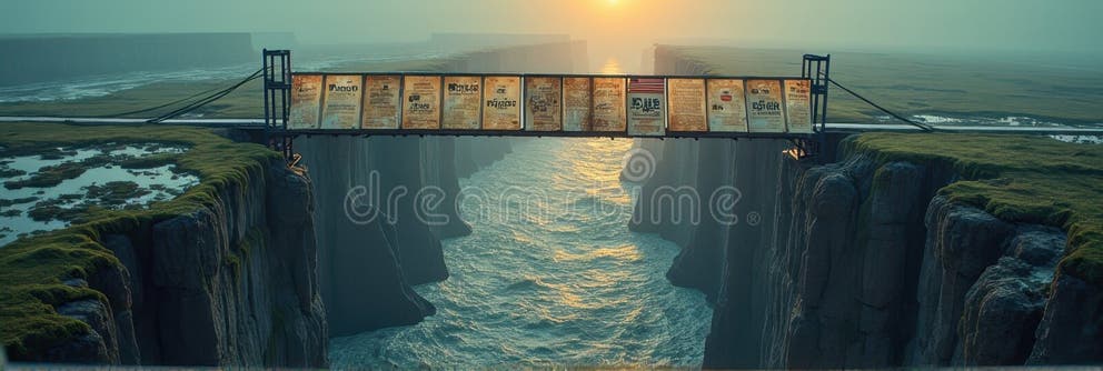 Suspended Bridge Over Gorge at Sunset with Hanging Posters Stock Photo ...